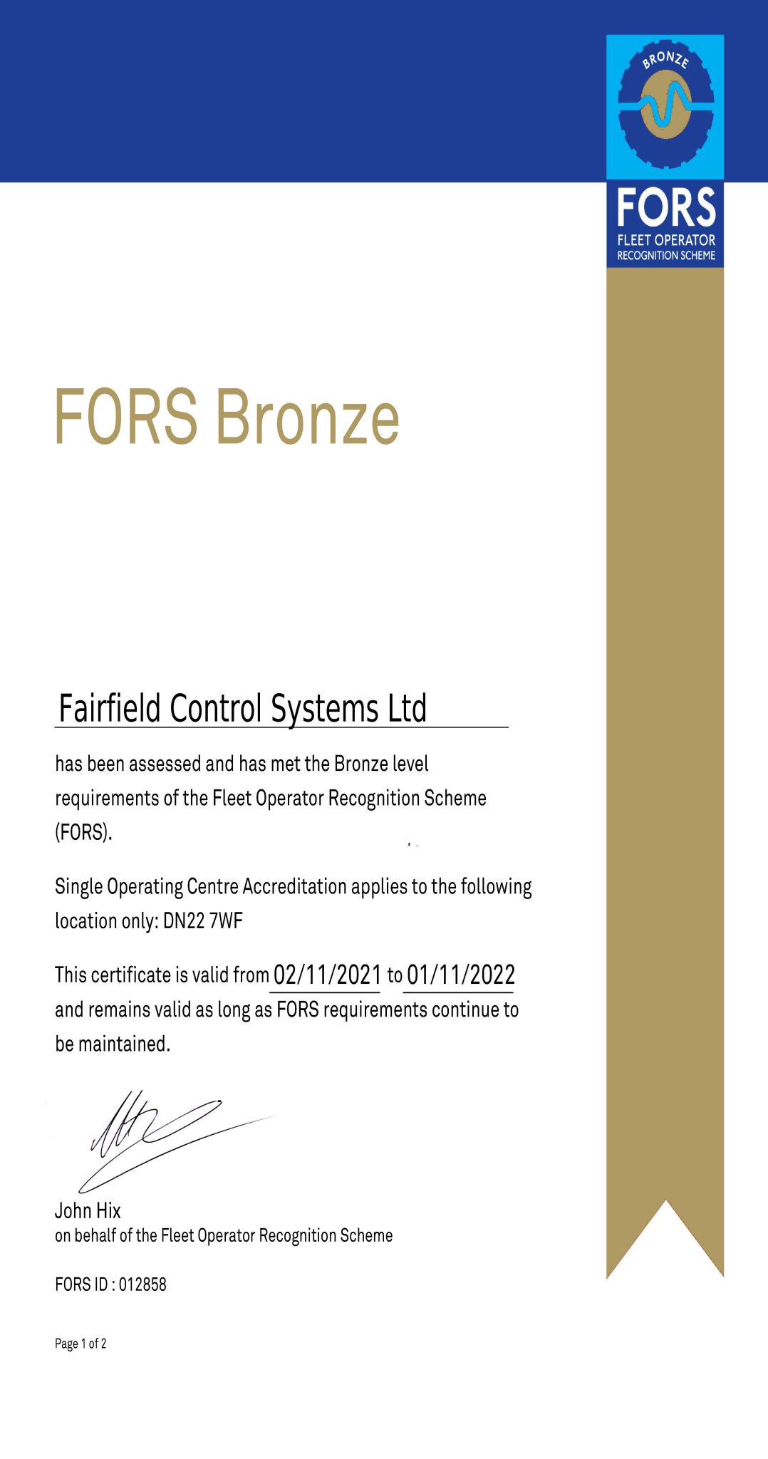 FORS Accreditation - Fairfield Control Systems